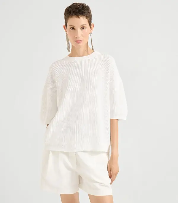 Brunello Cucinelli Cotton Cropped-sleeve Sweater - White