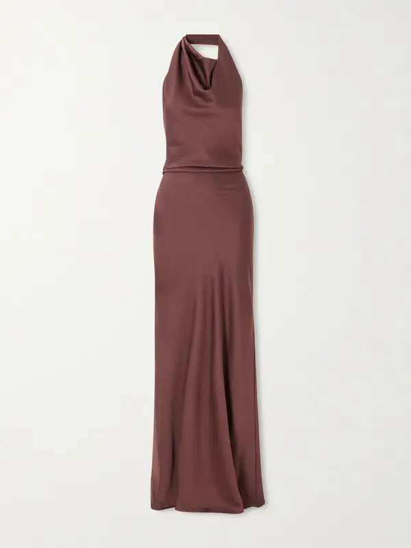 Simkhai Reannon Draped Satin Halterneck Gown - Brown