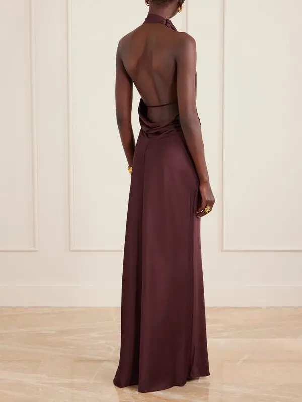 Simkhai Reannon Draped Satin Halterneck Gown - Brown