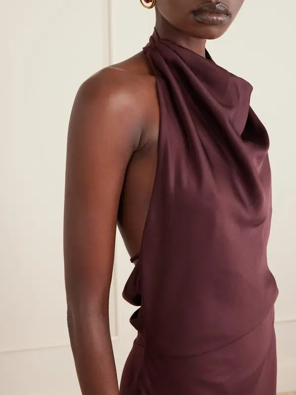 Simkhai Reannon Draped Satin Halterneck Gown - Brown