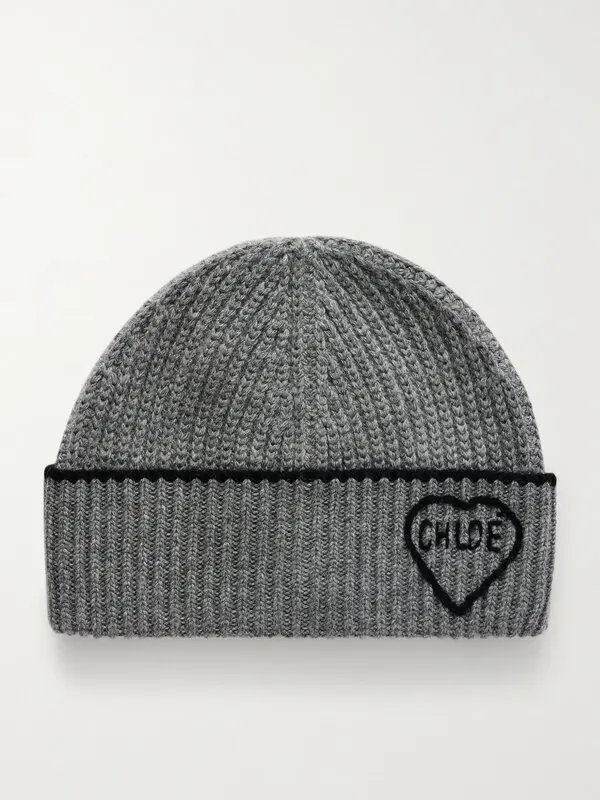 Chloé Coeur Embroidered Ribbed Wool And Cashmere-blend Beanie - Gray