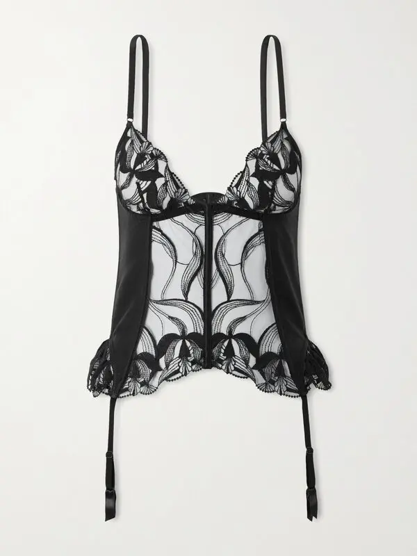 Kiki De Montparnasse Merry Widow Embroidered Tulle-paneled Stretch-silk Corset - Black