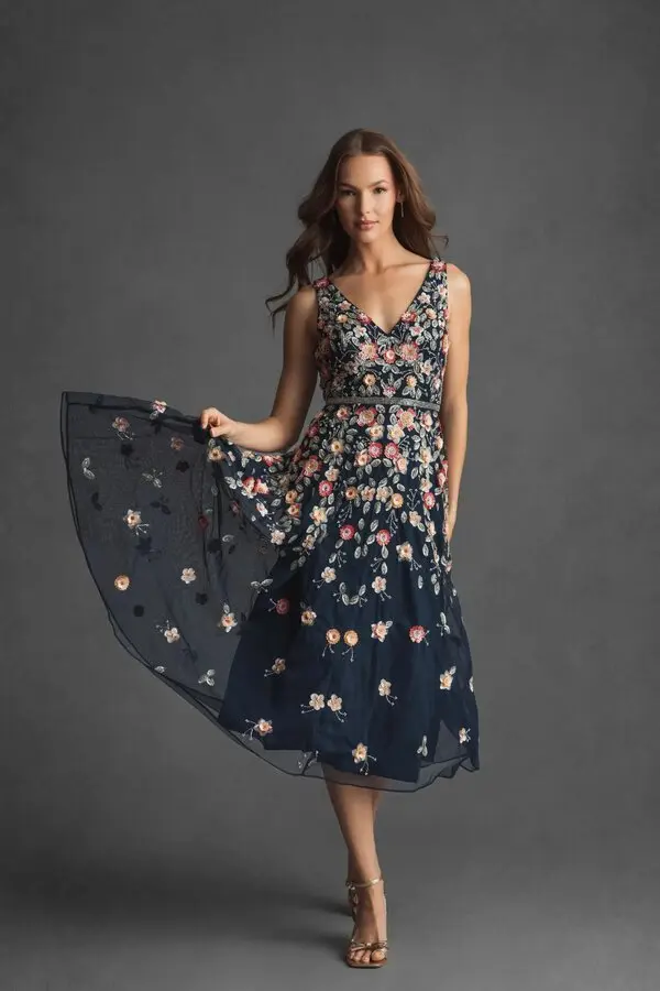 blue dress for baby girl Mac Duggal Navy V-Neck Sleeveless Midi Floral Beaded A-line Dress Sage  #5527 main image 1