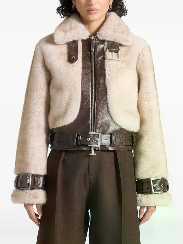 Manière De Voir Plush & Faux Leather Belted Jacket - Neutrals