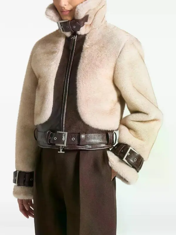 Manière De Voir Plush & Faux Leather Belted Jacket - Neutrals