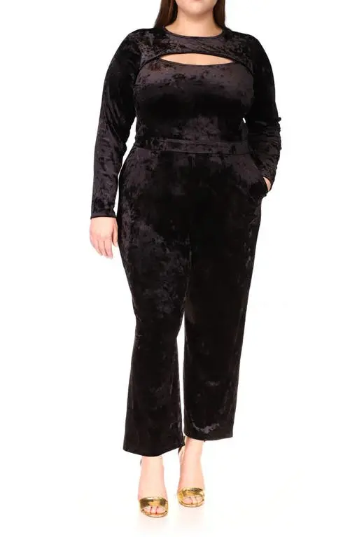 Michael Kors Cutout Detail Long Sleeve Crushed Velvet Jumpsuit - Black
