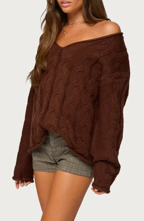 EDIKTED Inga Oversize Cable Stitch Sweater - Brown