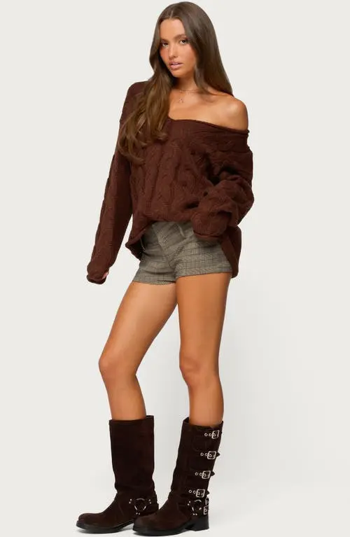 EDIKTED Inga Oversize Cable Stitch Sweater - Brown
