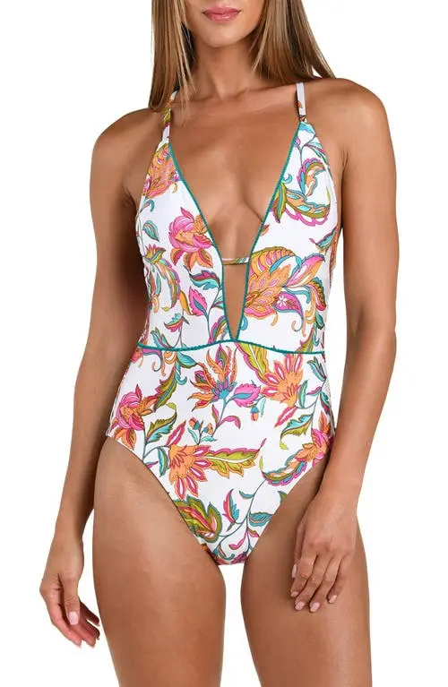 SUNSHINE 79 Wild Vines Plunge One-piece Swimsuit - White Multi