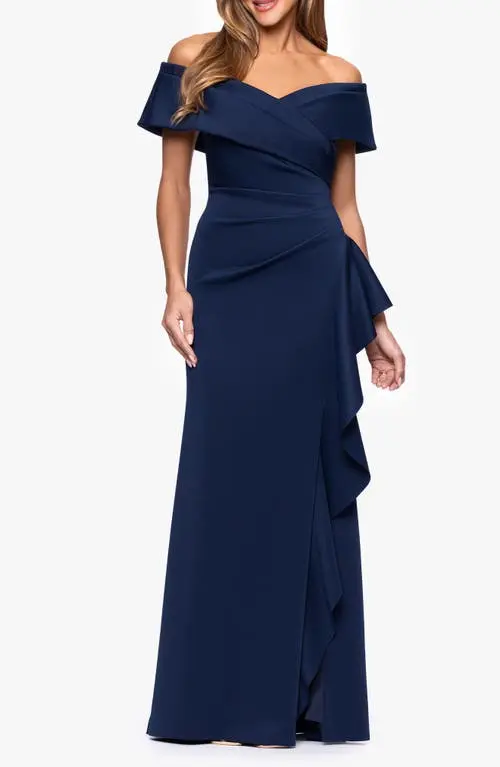 XSCAPE EVENINGS Off-the-shoulder Scuba Mermaid Gown - Midnight