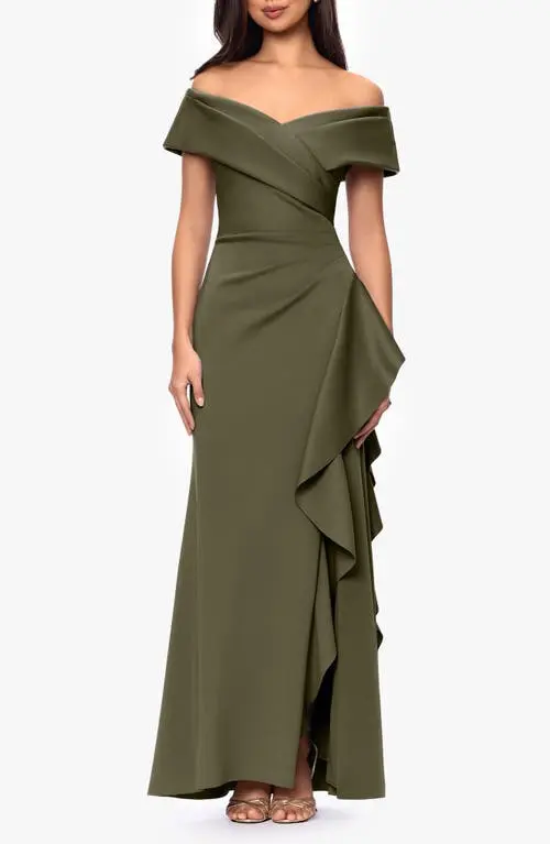 XSCAPE EVENINGS Off-the-shoulder Scuba Mermaid Gown - Olive