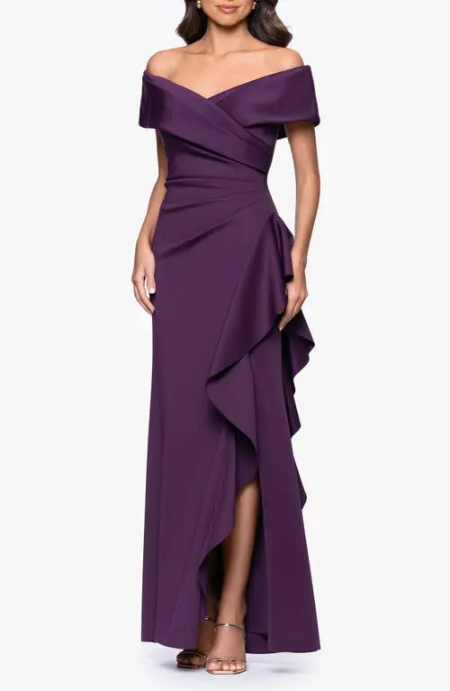 XSCAPE EVENINGS Off-the-shoulder Scuba Mermaid Gown - Plum