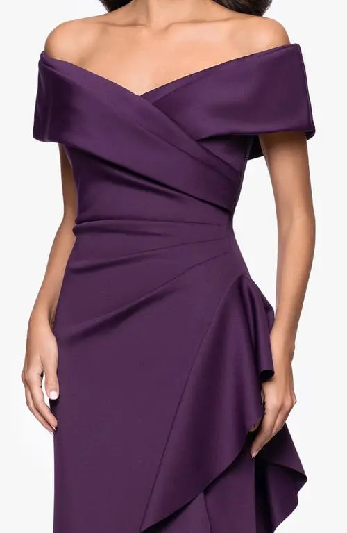 XSCAPE EVENINGS Off-the-shoulder Scuba Mermaid Gown - Plum