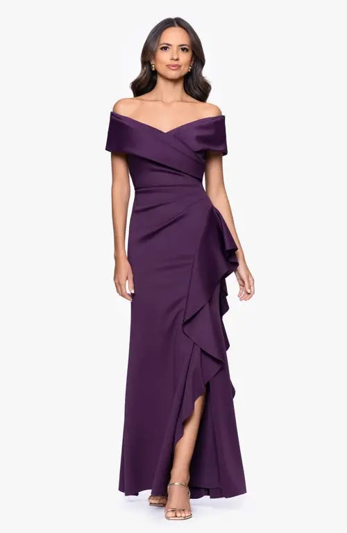 XSCAPE EVENINGS Off-the-shoulder Scuba Mermaid Gown - Plum
