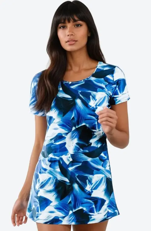 CALYPSA Swim Tunic Short Sleeve Round Neckline Upf 50 - Navy Wave