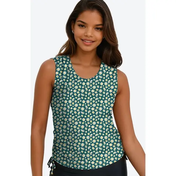 CALYPSA Closed Back Maya Tankini Swim Top - Dark Jade Daisies