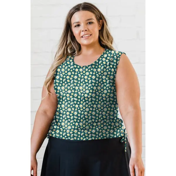 CALYPSA Closed Back Maya Tankini Swim Top - Dark Jade Daisies