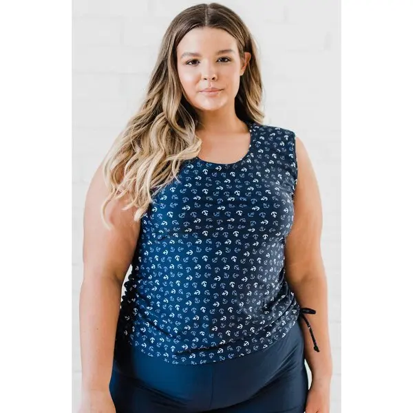CALYPSA Closed Back Maya Tankini Swim Top - Navy Anchors