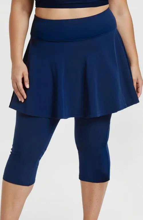 CALYPSA Flared Swim Skort With Capri Leggings - Navy