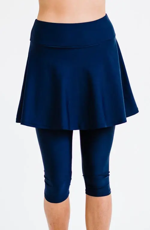 CALYPSA Flared Swim Skort With Capri Leggings - Navy