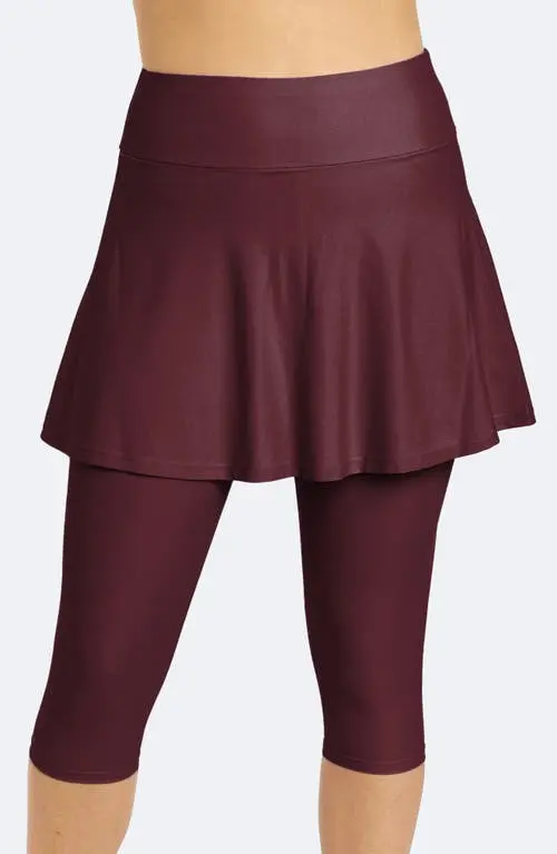 CALYPSA Flared Swim Skort With Capri Leggings - Wine