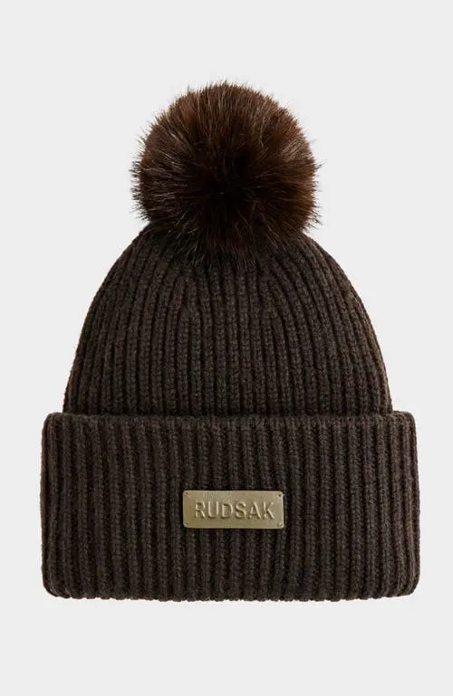 Rudsak Dara Knit Beanie With Faux Fur Pom - Dark Olive