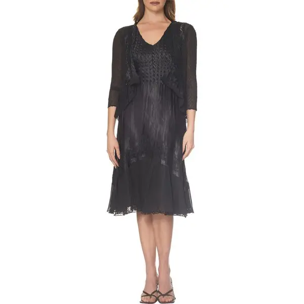 Komarov Lace Trim Charmeuse & Chiffon Tiered Dress With Jacket - Black