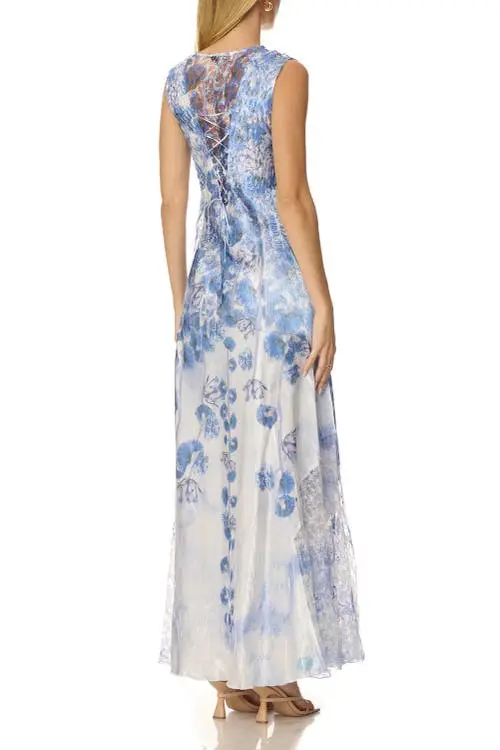 Komarov Floral Border Maxi Dress With Lace Up Back