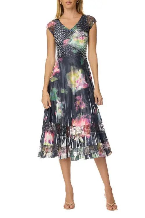 Komarov Floral Print Dress With Lace Cap Sleeves