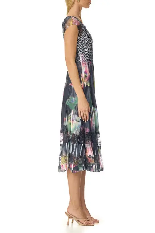 Komarov Floral Print Dress With Lace Cap Sleeves