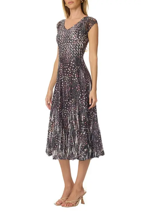 Komarov Cap Sleeve Printed Midi Dress - Leaf Spray