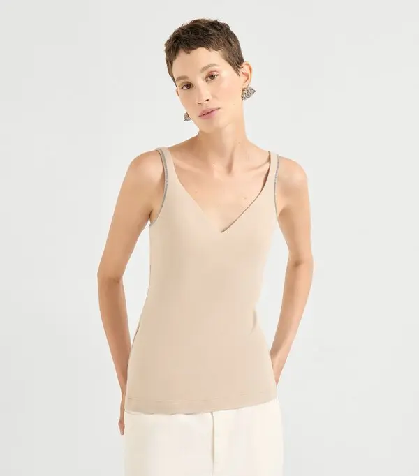 Brunello Cucinelli Cotton-blend Monili V-neck Tank Top - Beige