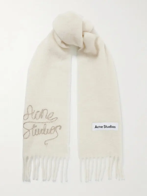 Acne Studios Fringed Metallic Embroidered Knitted Scarf - White