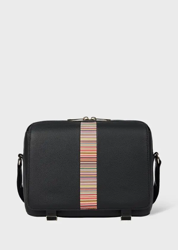 Paul Smith Leather Messenger Bag With Signature Stripe - Black