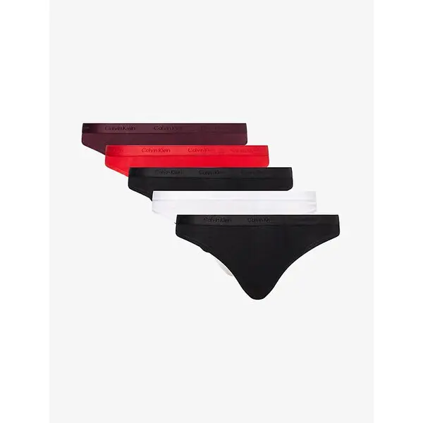Calvin Klein Icon Logo-waistband Pack Of Five Stretch-cotton Thongs - Blk/blk/rsh/drk Bry/wht