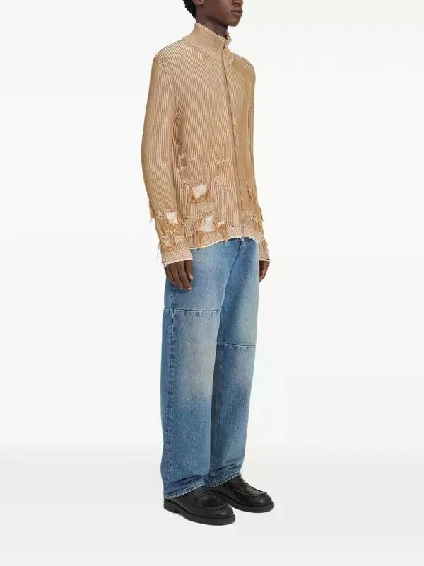 MAISON MARGIELA Ribbed Distressed Zip-up Cardigan - Neutrals