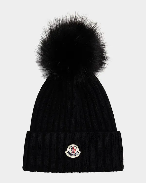 Moncler Ribbed Beanie With Faux Fur Pom - Black