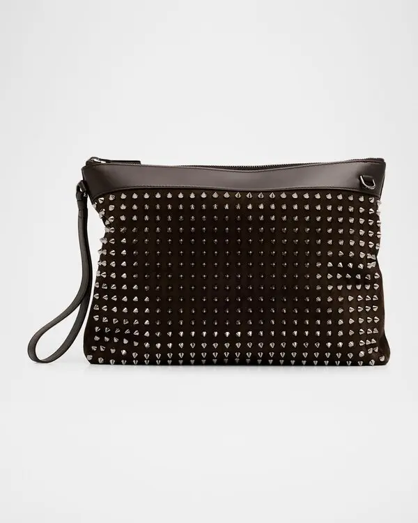 CHRISTIAN LOUBOUTIN Spiked Suede Wristlet/shoulder Bag - Cafe/gun M