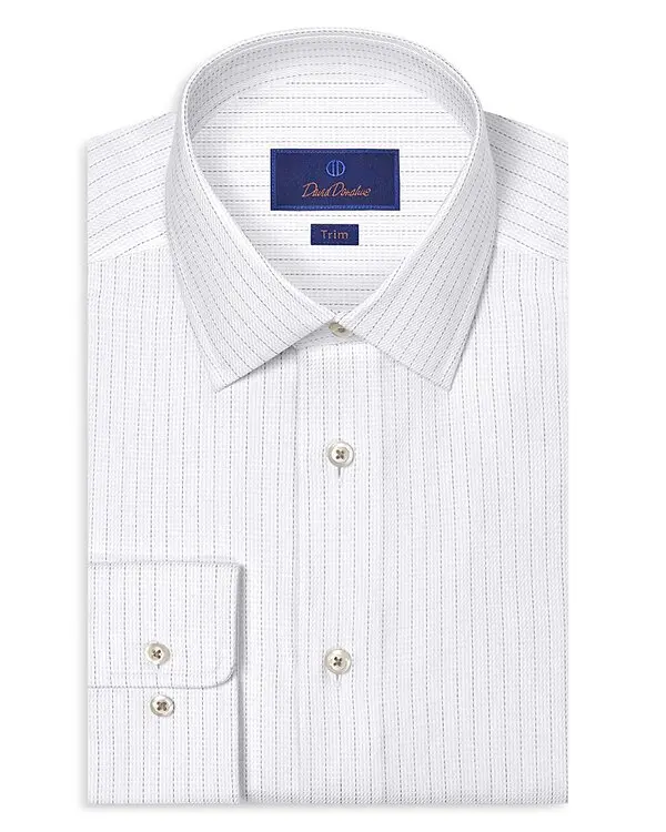 David Donahue Trim Fit Dobby Stripe Dress Shirt - White/ Charcoal
