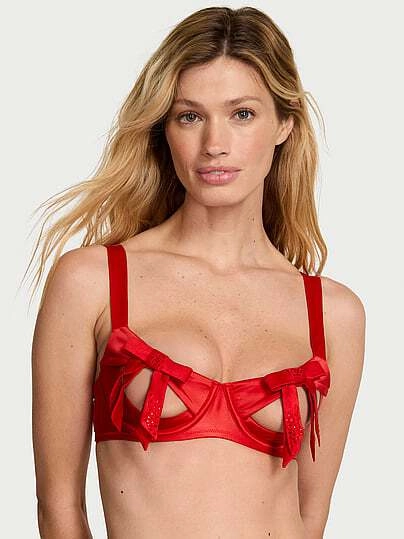 Victoria's Secret Dream Angels Wicked Twinkle Bows Peekaboo Balconette Bra - Red