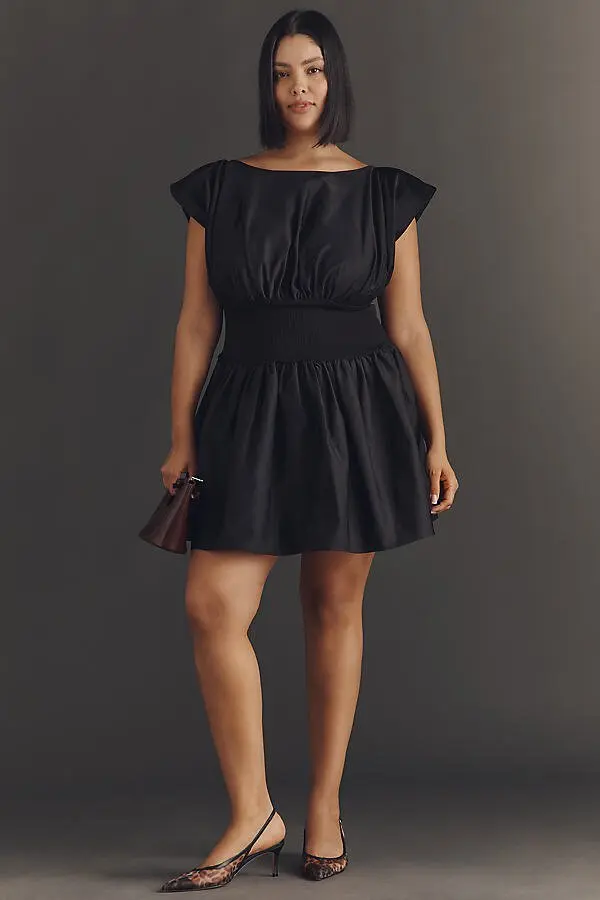 Eloquii Short-Sleeve Shirred Taffeta Mini Dress In Black - 41% Off |  Editorialist