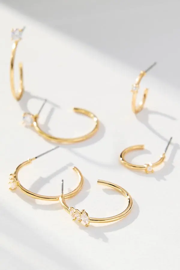 Anthropologie Crystal Hoop Earrings Set - Gold