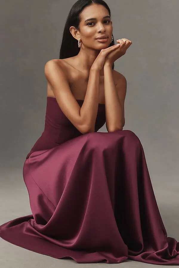 One33 Strapless Drop-Waist Maxi Dress - Burgundy | Editorialist