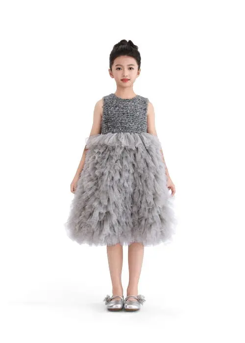 TULLEEN Textured Bodice Tulle Gown - Grey