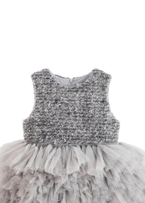 TULLEEN Textured Bodice Tulle Gown - Grey
