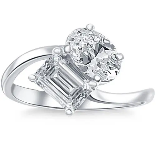 BLISS DIAMOND 2 1/4ct Tw Toi Et Moi Oval And Emerald Cut Lab Grown Diamond Engagement Ring - 14k White Gold