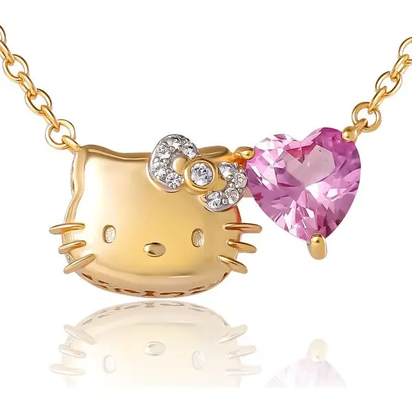 HELLO KITTY Pink & White Sapphire Face With Heart Necklace - Gold/pink