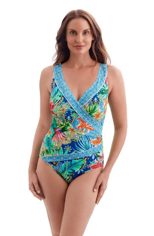 LONGITUDE Piped Side Shirred Surplice Long Torso One-piece Swimsuit - Boca Raton