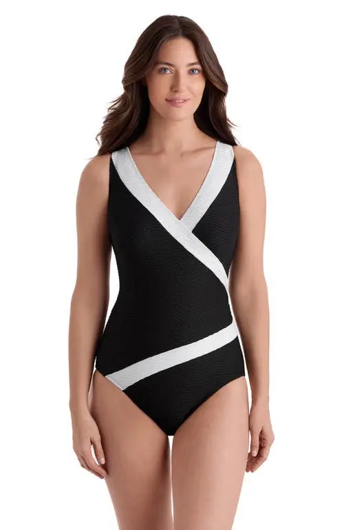 LONGITUDE Piped Side Shirred Surplice Long Torso One-piece Swimsuit - Texture Luxe