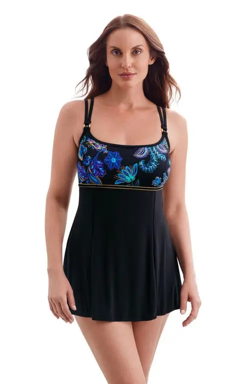 LONGITUDE Empire Princess Seam Long Torso Swim Dress With Hardware - Majorelle Garden